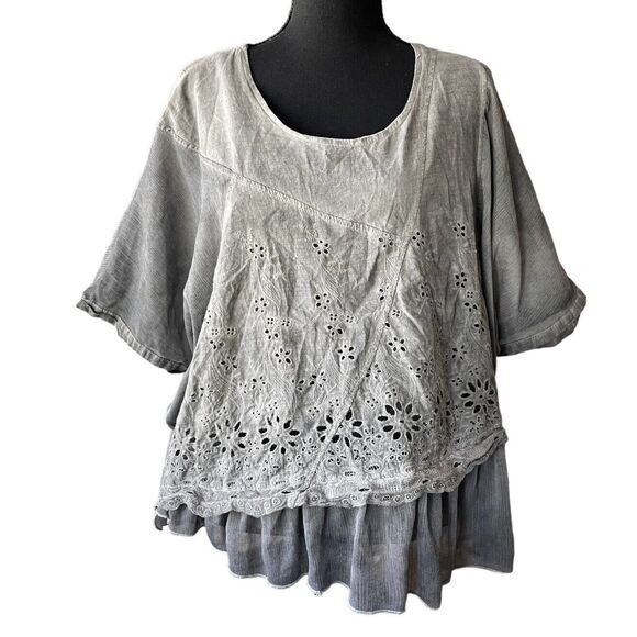 Pretty Angel | Tops | Pretty Angel Gray Linen Blend Eyelet Layer Boho ...